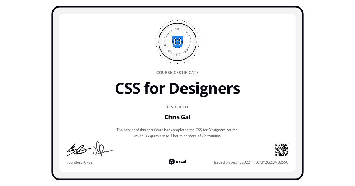 Certificate of completion for CSS Foundations | Uxcel